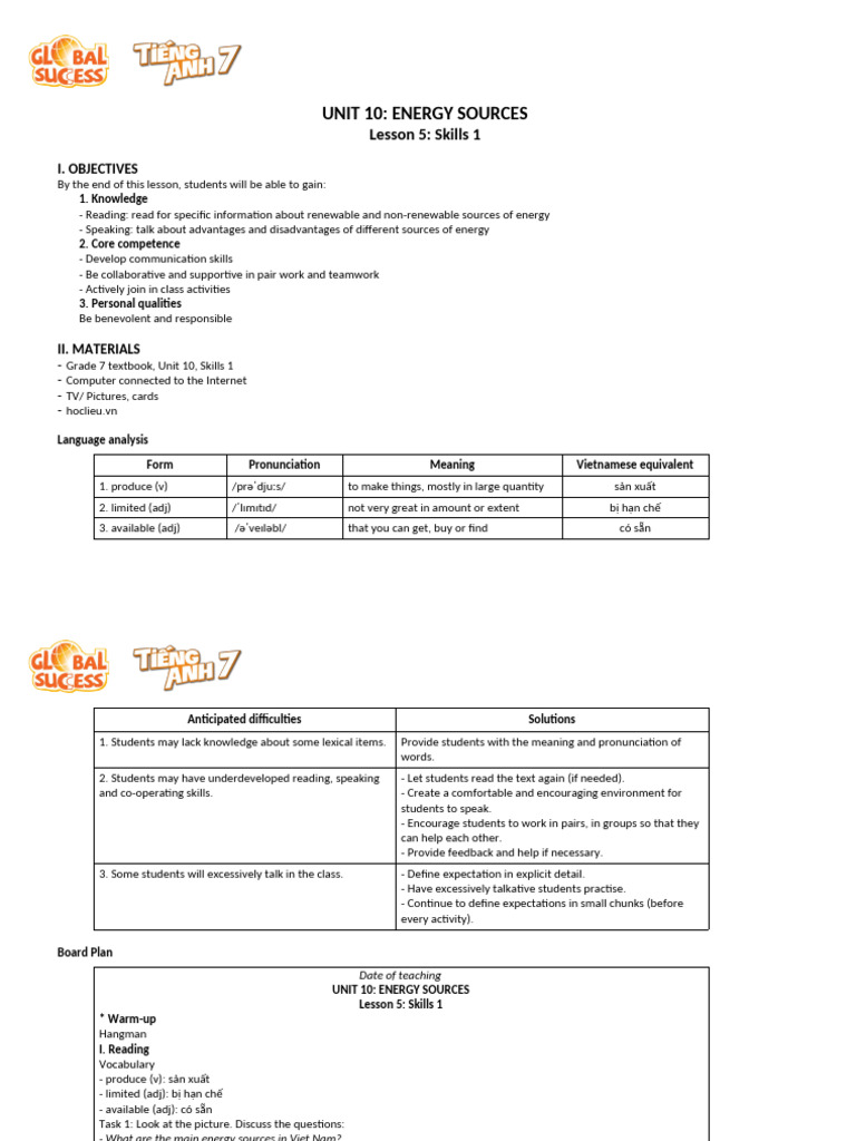 Skills 1: Energy Sources for Grade 7 | PDF | Vocabulary | Cognition