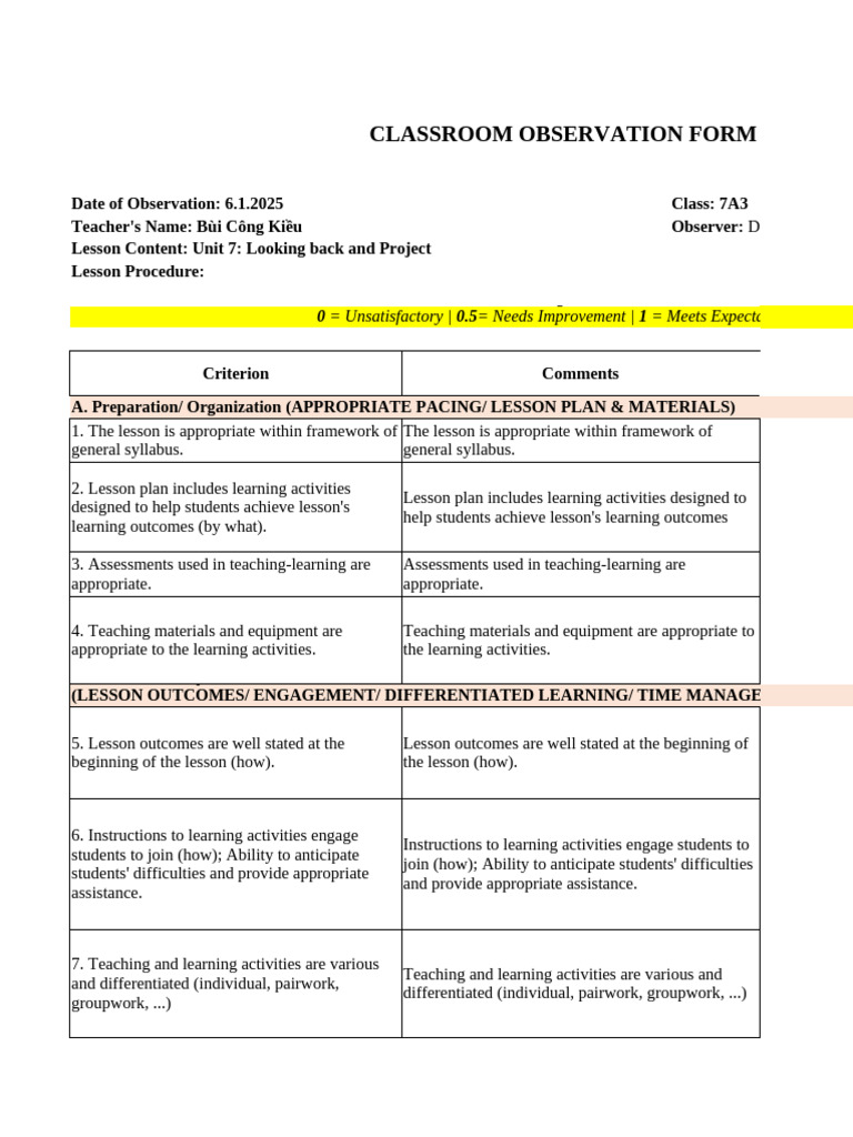 Classroom Observation Evaluation Form | PDF | Teachers | Lesson Plan