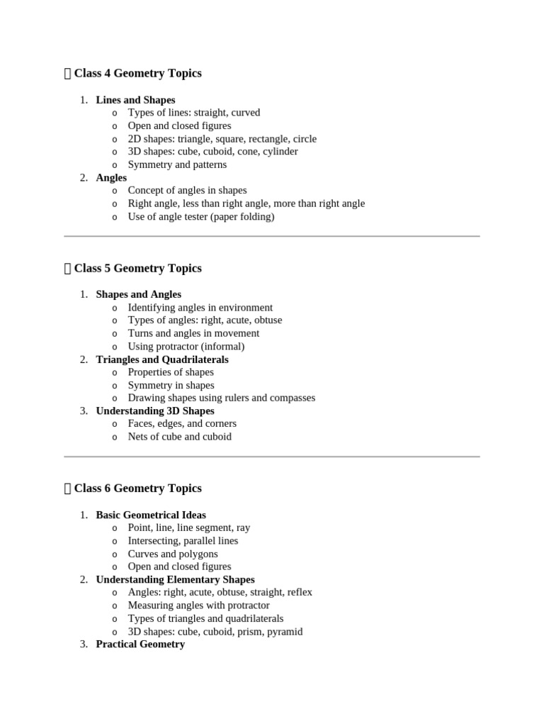 Class 4 Geometry Topics Overview | PDF | Triangle | Shape