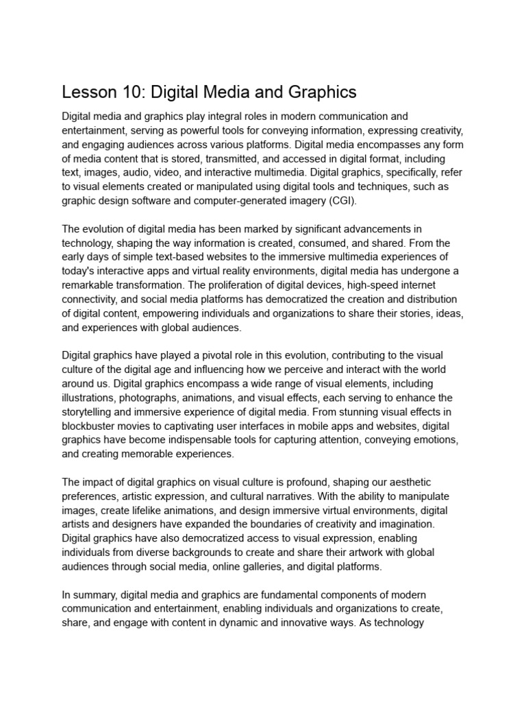 Lesson 10 Digital Media and Graphics | PDF | Image Editing | 3 D Modeling