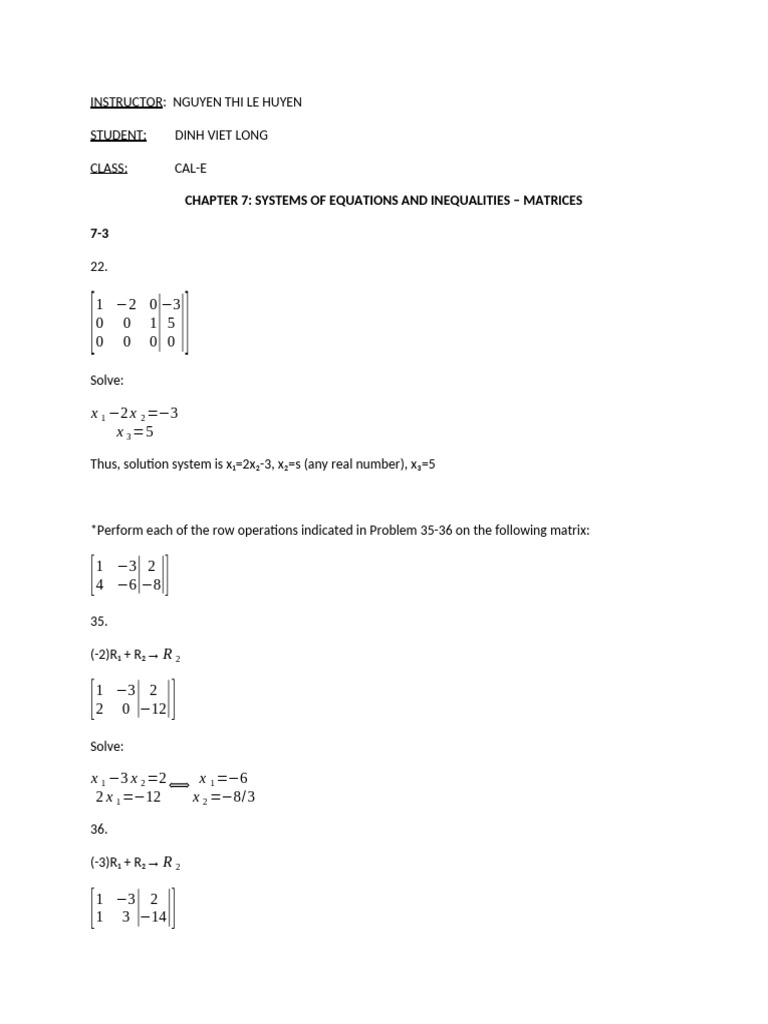 Chapter 7: Systems of Equations and Inequalities - Matrices 7-3 | PDF