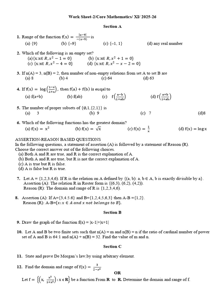 Work Sheet-2 Class 11 Maths | PDF | Function (Mathematics) | Empty Set