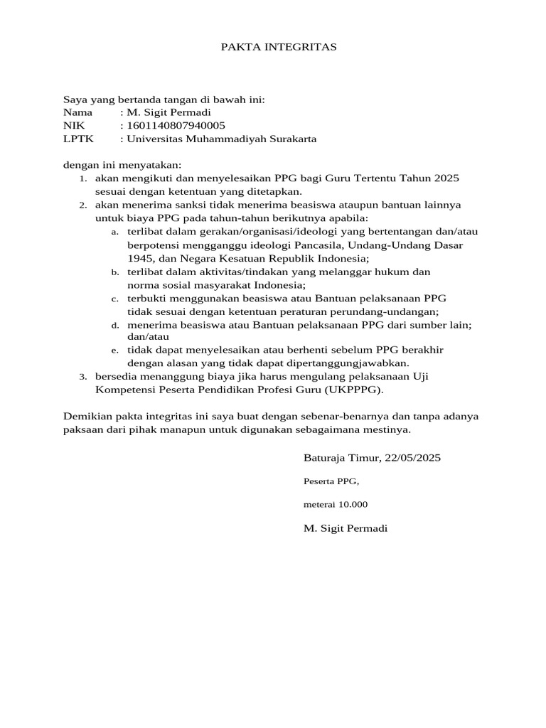 Pakta Integritas Sigit | PDF