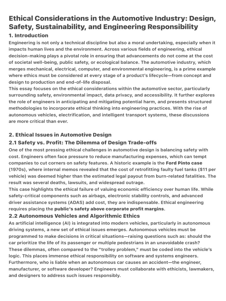 Ethical Challenges in Automotive Engineering | PDF | Life Cycle ...