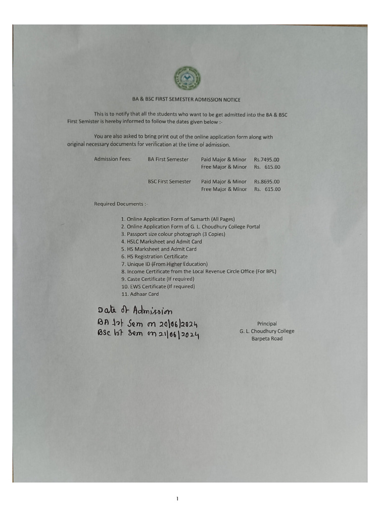 BA BSC First Year Admission Notice 2024 25 1 | PDF