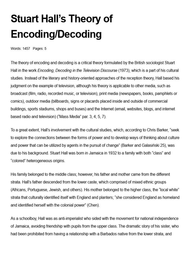 Stuart Hall's Theory of Encoding - Decoding - Free Essay Example | PDF | Code | Communication