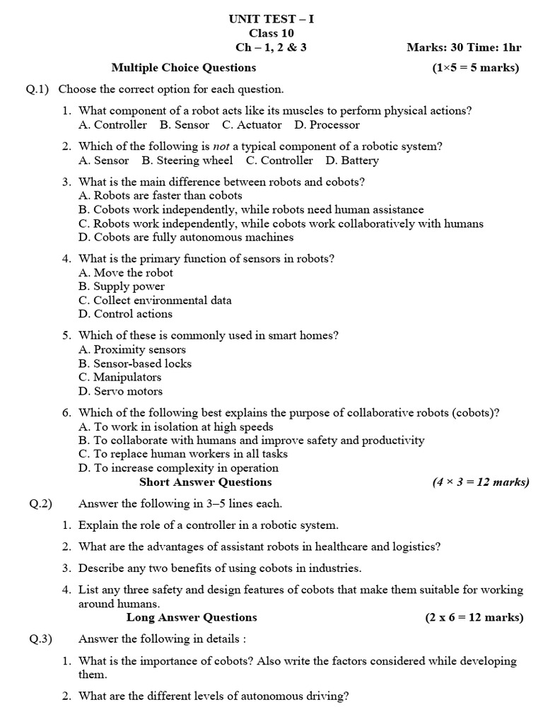 Robotics Ai Question Paper - UT1 - CH123 | PDF | Robotics | Robot