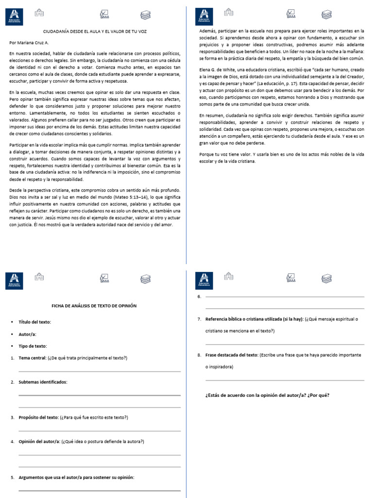 FICHA DE ANÁLISIS DE TEXTO DE OPINIÓN - 1° Secundaria | PDF | Iglesia Adventista del Séptimo Día ...
