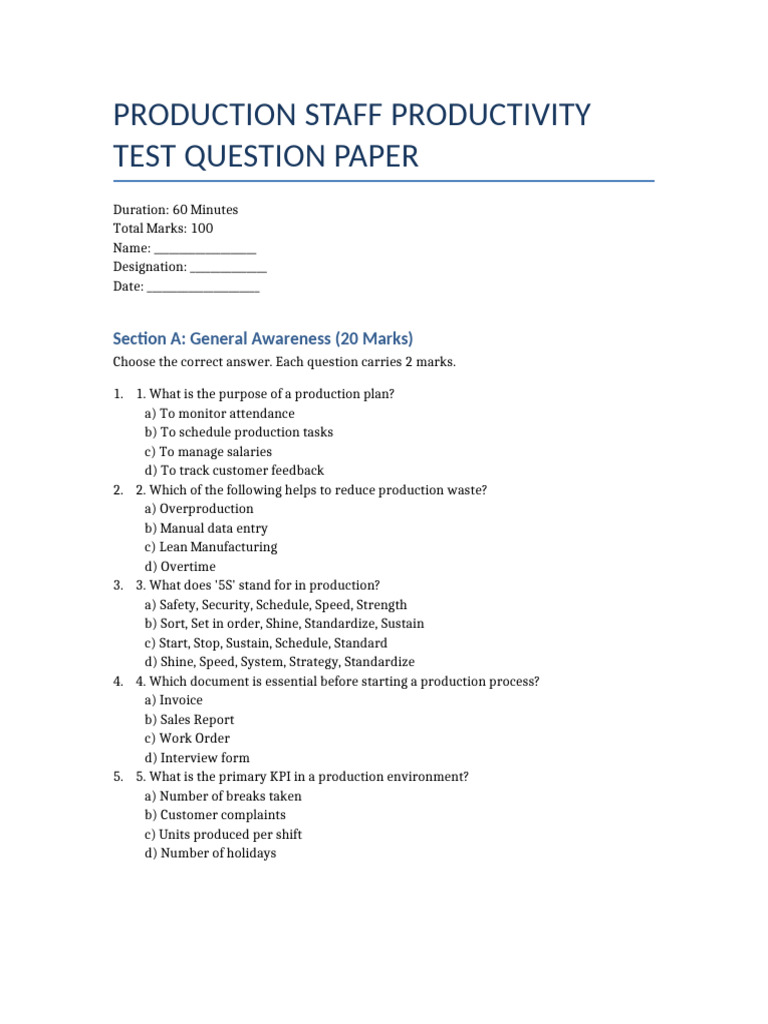 Production Staff Productivity Test Paper | PDF | Business