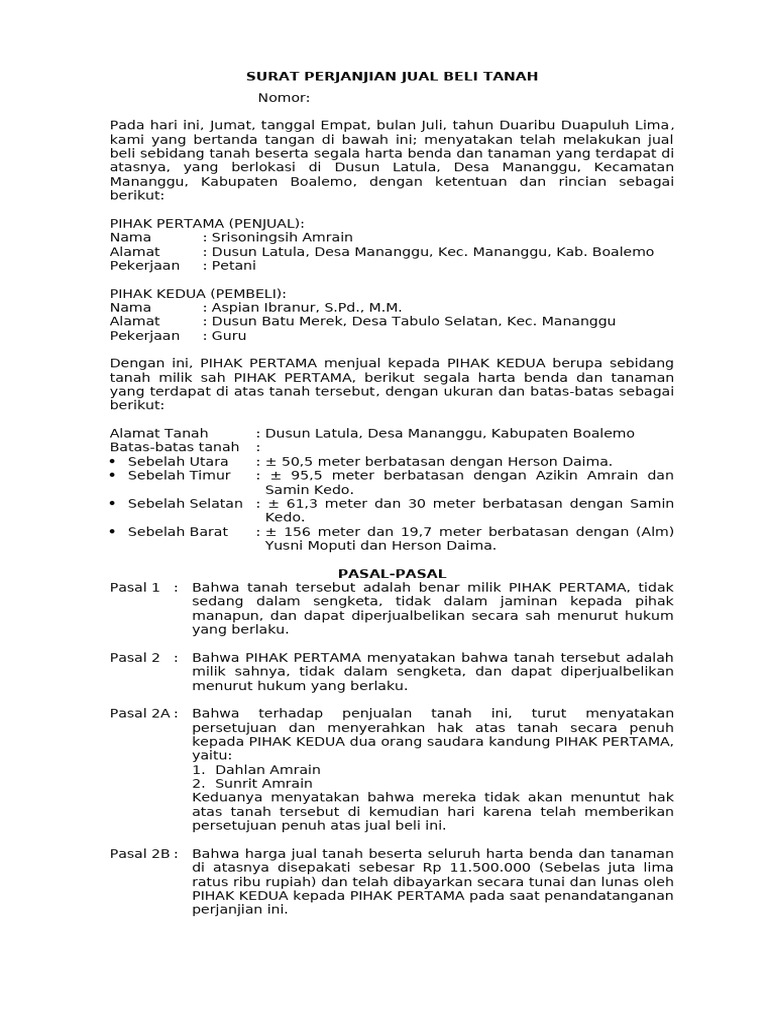 Perjanjian Jual Beli Tanah Amrain | PDF