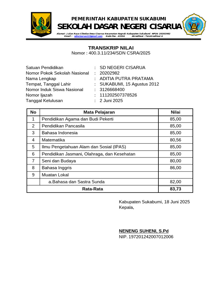Transkip Nilai SD Merdeka | PDF