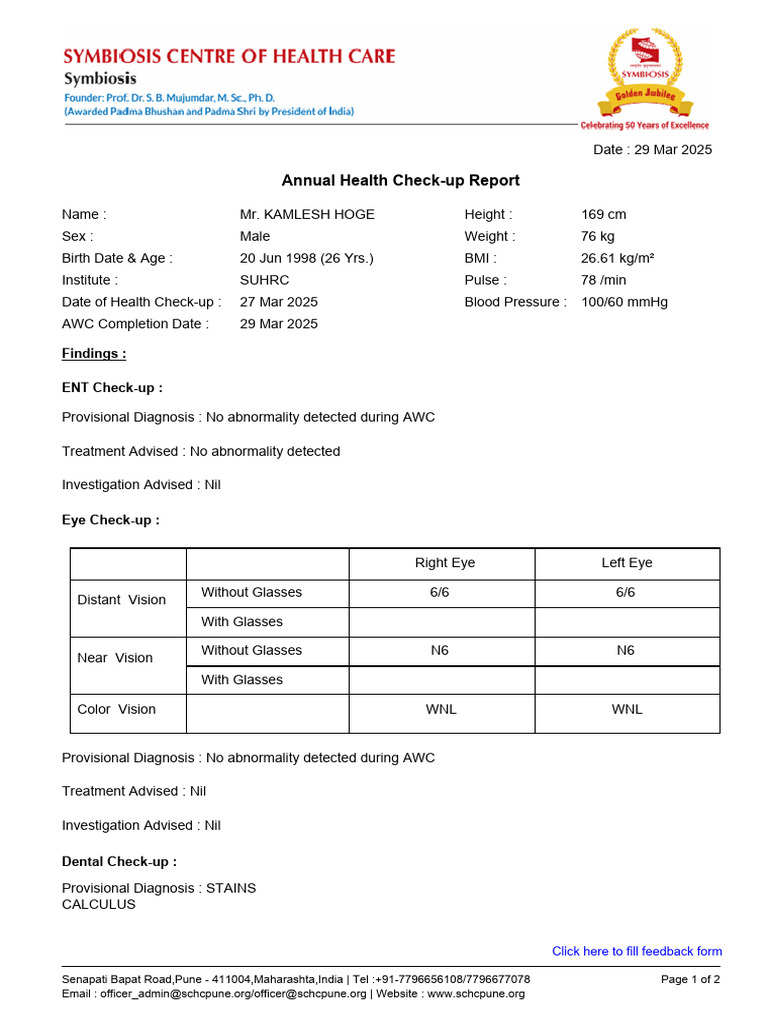 Annual Health Checkup Report | PDF | Body Shape | Clinical Medicine
