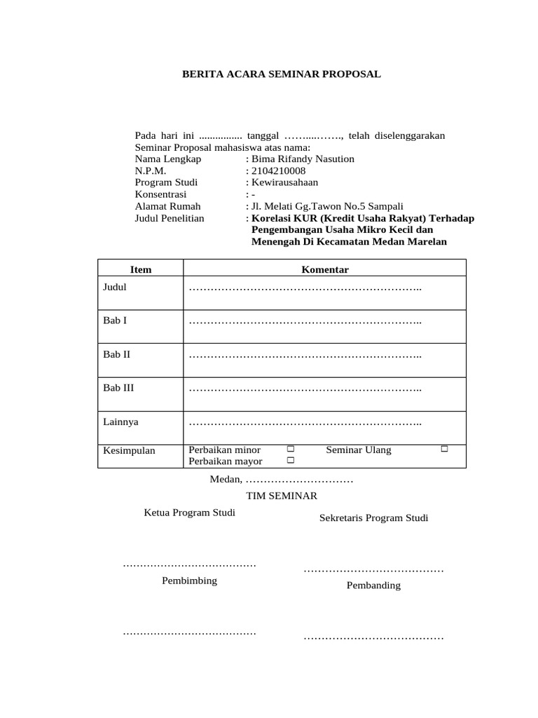 Seminar Proposal Kewirausahaan Bima Nasution | PDF