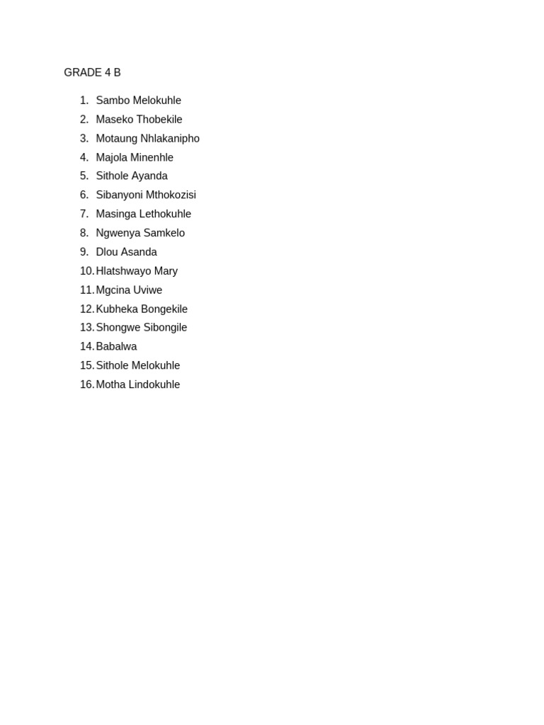 Grade 4 B Class Roster | PDF