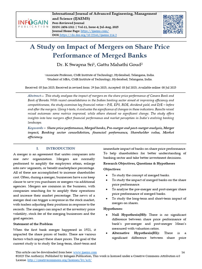 A Study On Impact of Mergers On Share Price Performance of Merged Banks | PDF | Mergers And ...