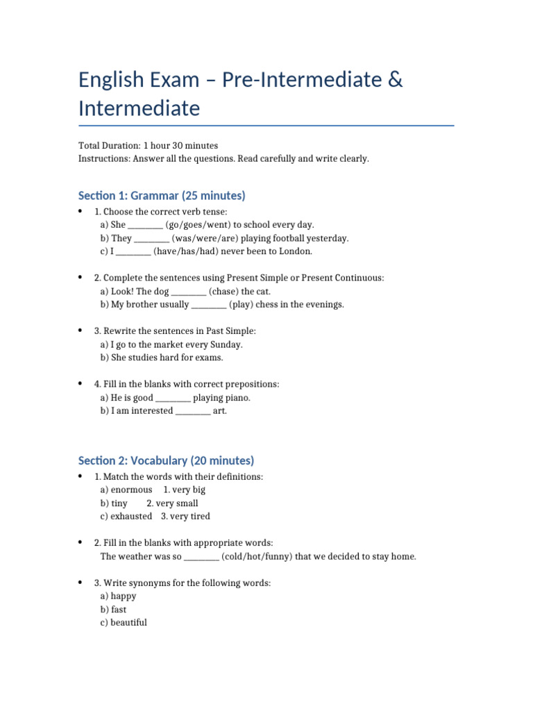 English Exam PreIntermediate Intermediate | PDF