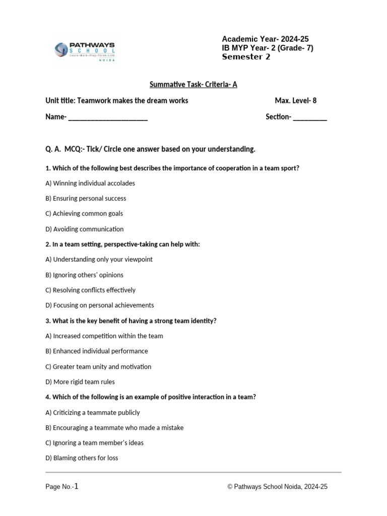 (Vivaan Khurana) Worksheet - Teamwork Makes The Dream Works - Criteria - A - Summative Task ...