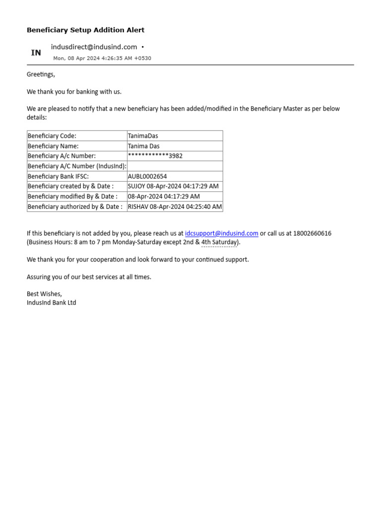 Beneficiary Addition Notification | PDF
