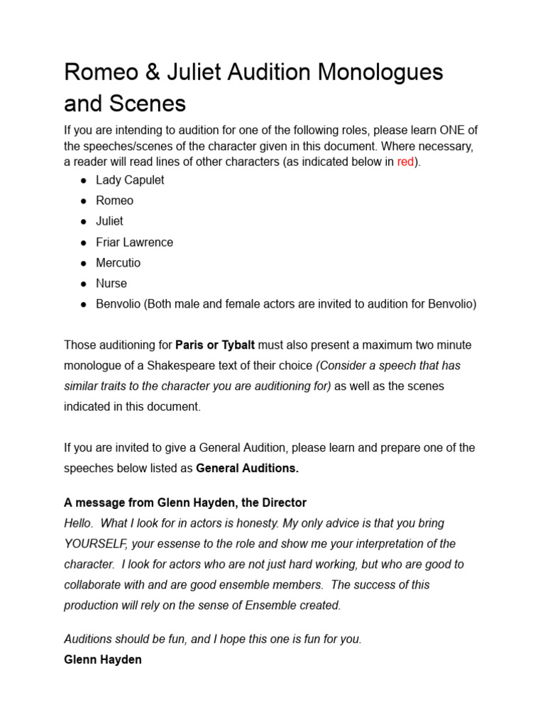 Romeo & Juliet Audition Pages | PDF