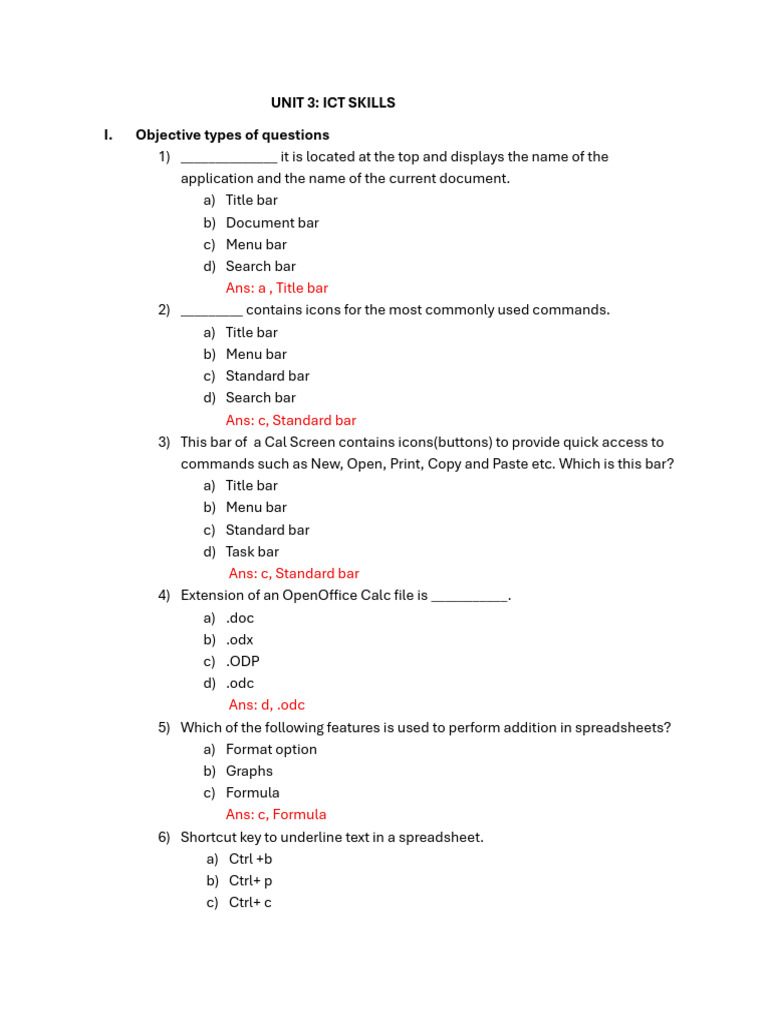 Unit 3: Ict Skills I. Objective Types of Questions: Ans: A, Title Bar ...