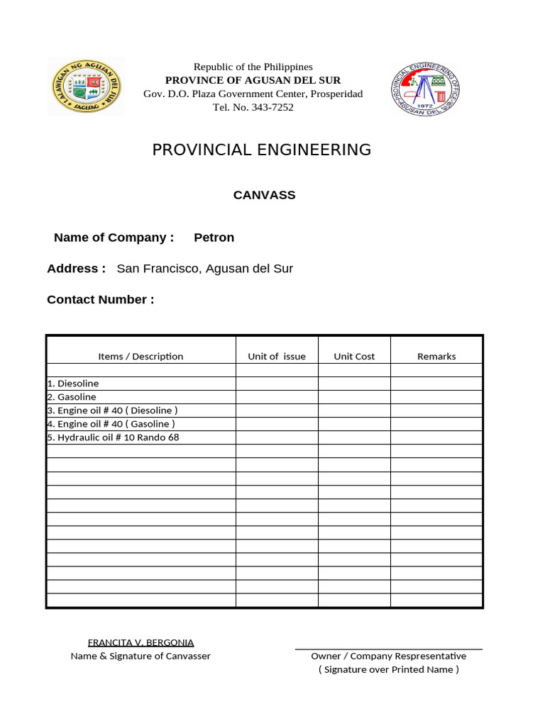 Agusan del Sur Provincial Engineering Canvass | PDF