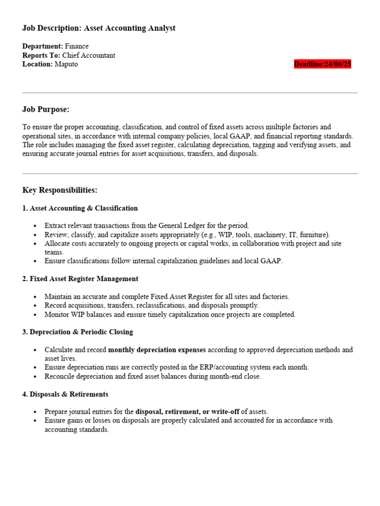 Asset Accounting Analyst Job Description | PDF | Depreciation | Accounting