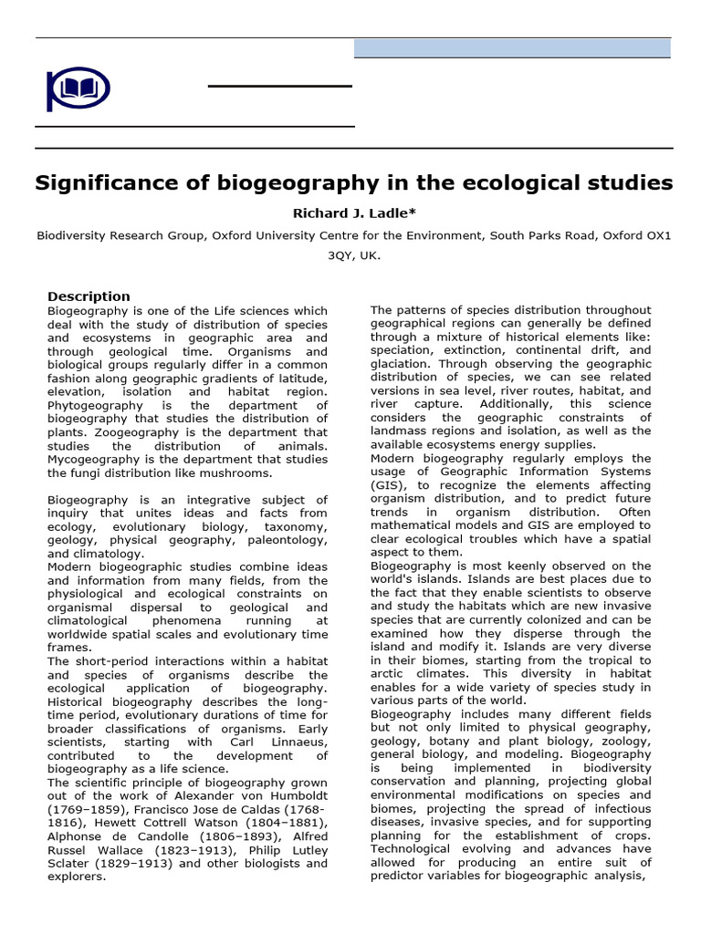 Significance of Biogeography in The Ecological Studies | PDF | Biogeography | Science