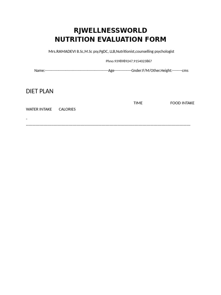 Nutrition Evaluation Form | PDF