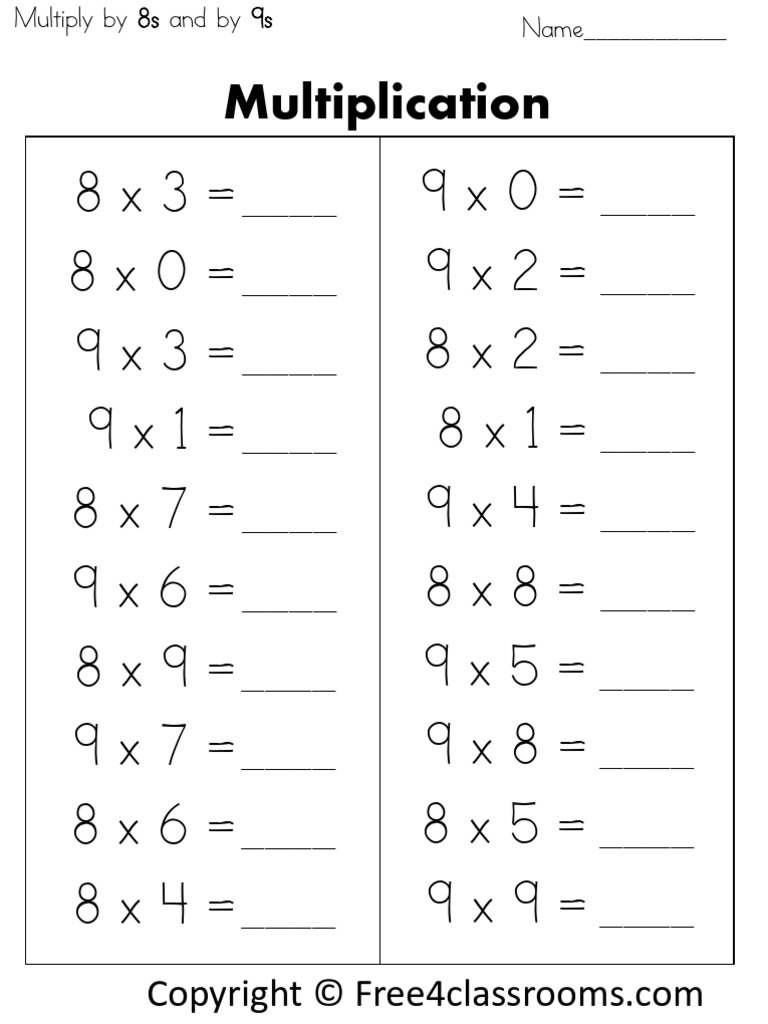 Multiply 1 Digit 8s 9s Vertical | PDF
