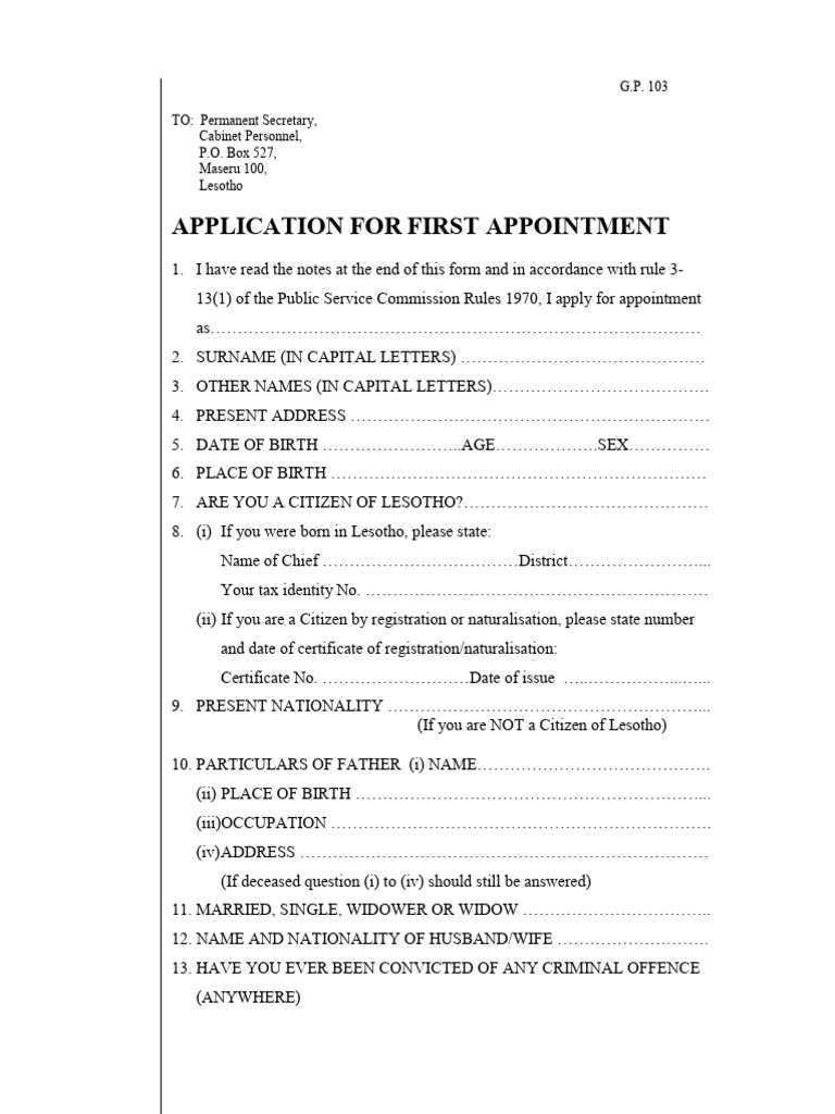 Lesotho GP 103 First Appointment Form | PDF | Justice | Crime & Violence