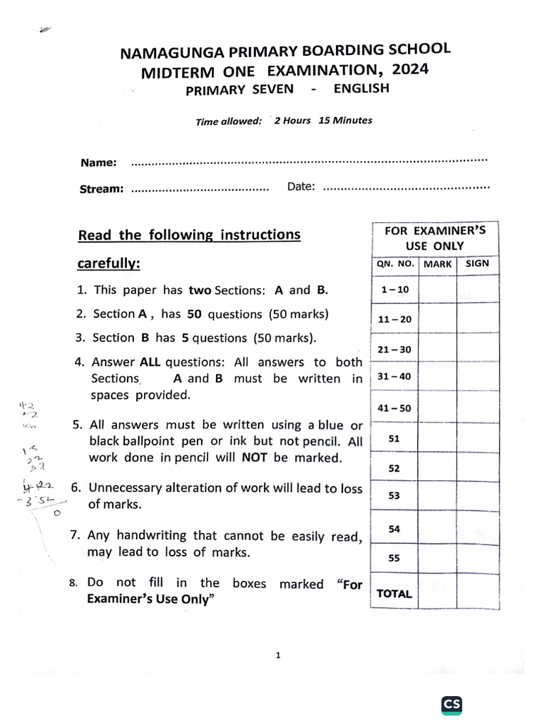 Namagunga Eng Mid Term 1 2024 at Prof - Moses Vip | PDF