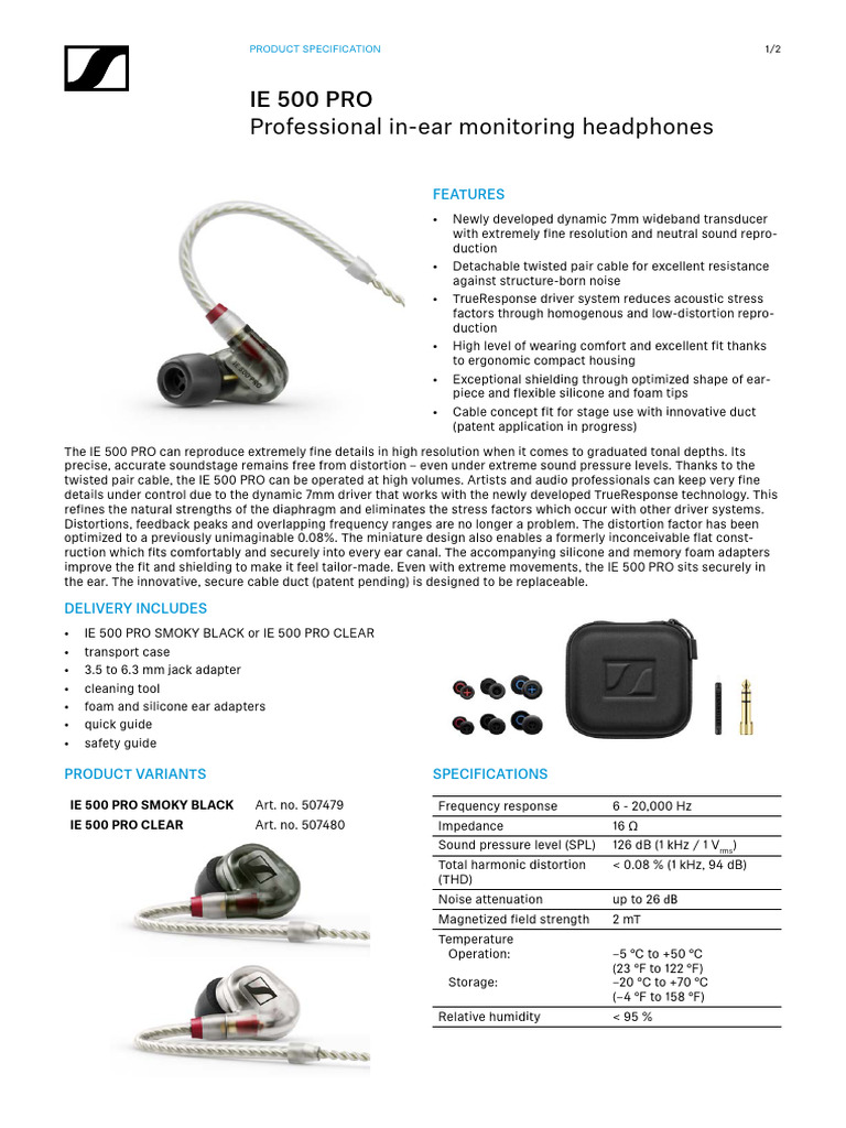 SP 1223 v1 1 Ie 500 Pro Product Specification en | PDF | Headphones | Audio Electronics