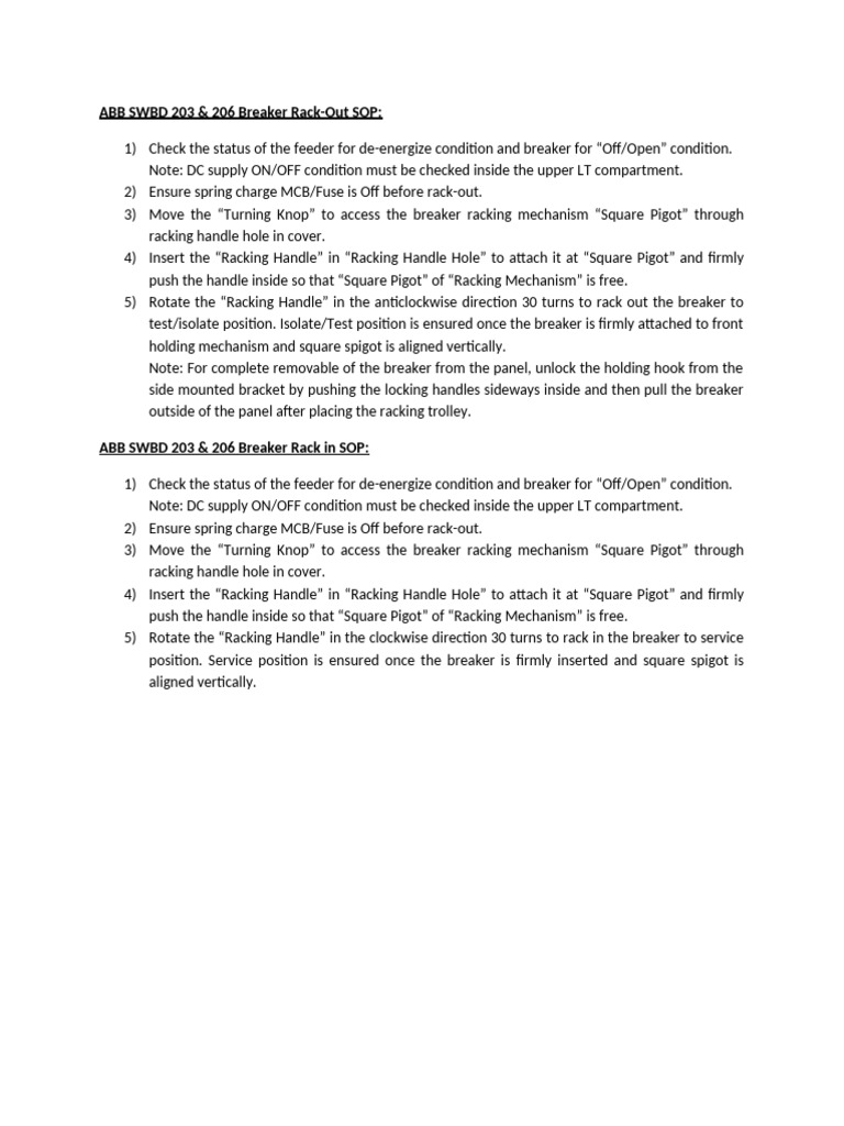 Breaker Rack-In/Out Procedure SOP | PDF