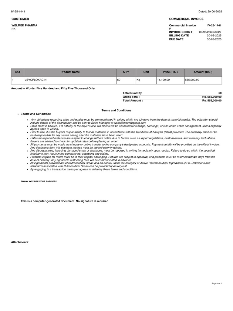 Invoice IV 25 1441 WELMED PHARMA 20 06 2025 | PDF | Invoice | Receipt