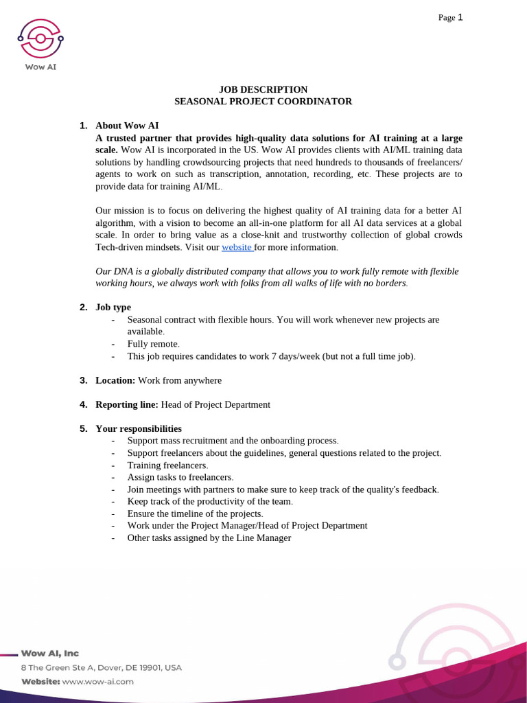 Wow AI - JD Seasonal Project Coordinator (Crowdsourcing Projects) | PDF ...