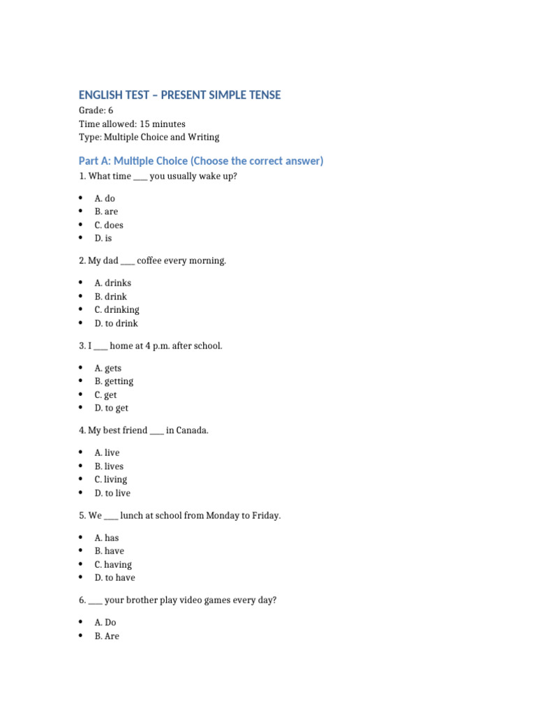 Grade 6 Present Simple Test | PDF