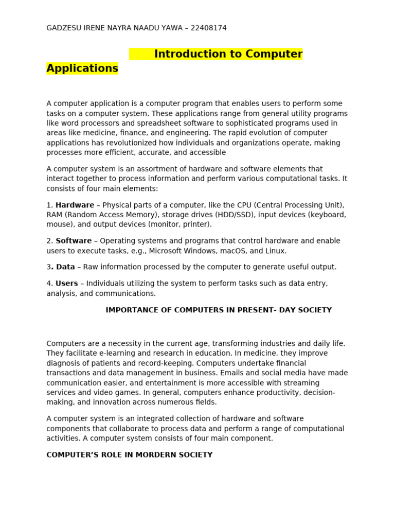 Introduction To Computer Applications | PDF | Artificial Intelligence ...