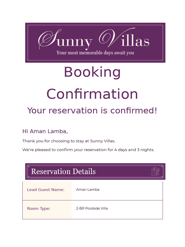 Booking Confirmation Your Reservation Is Confirmed! | PDF