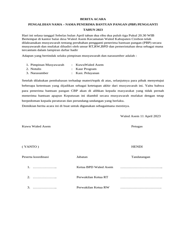 Musyawarah Pengalihan Penerima PBP 2023 | PDF