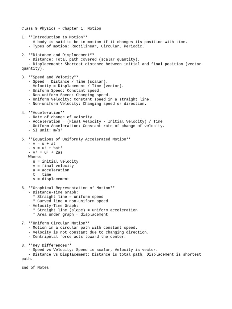 Class 9 Motion Notes Summary | PDF