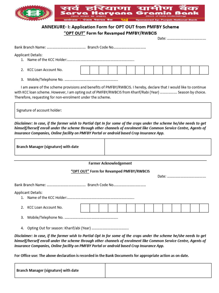 PMFBY Opt-Out Application Form | PDF
