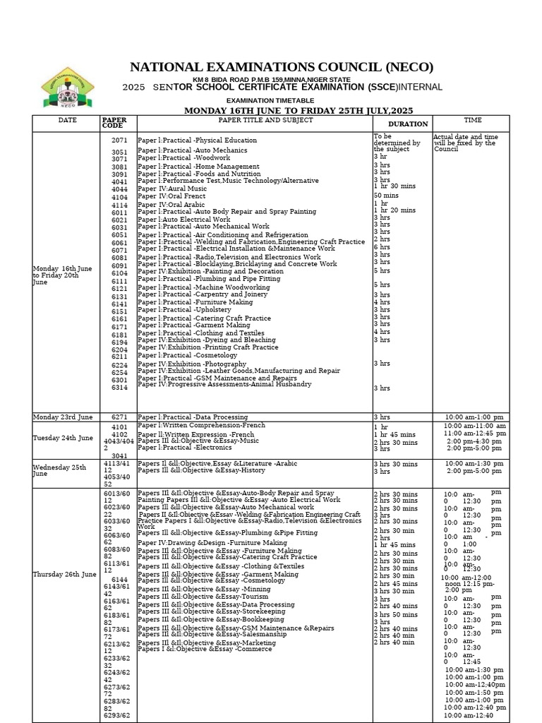 Neco 2025 Ssce Internal Timetable-1 | PDF