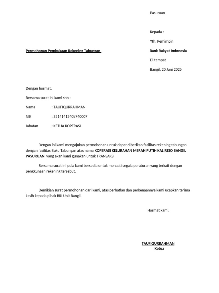 Surat Permohonan Pembukan Rek Merah Putih KALIREJO | PDF