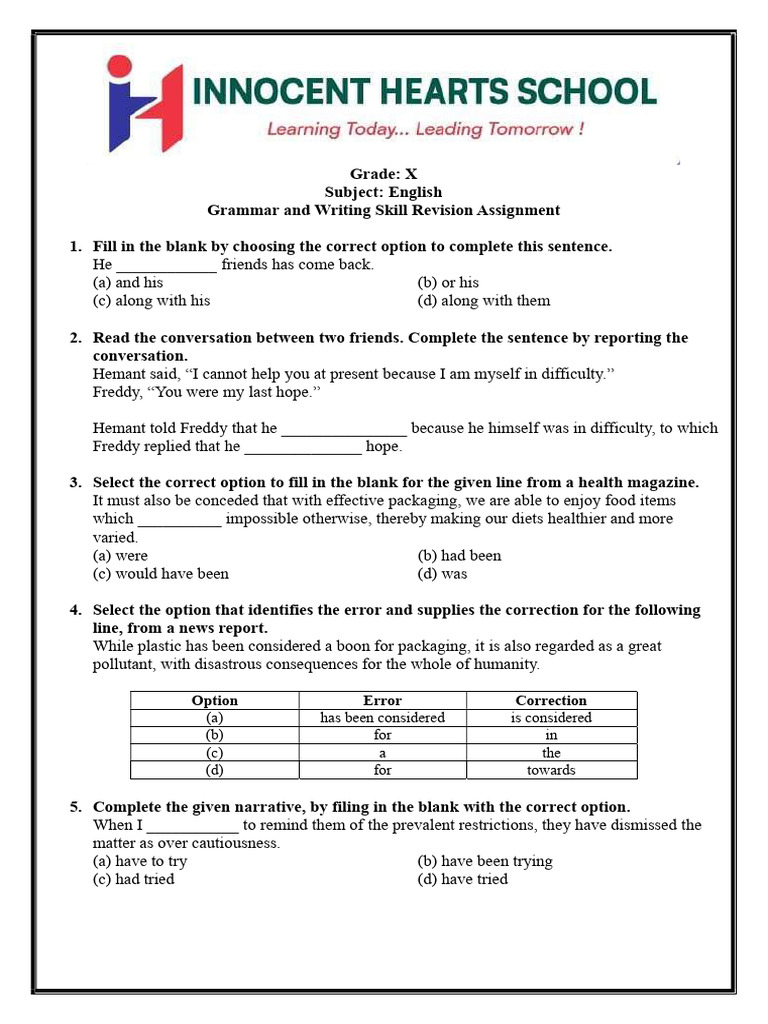 Grade 10 ENG Grammar and Writing Skill Revision Assignment | PDF ...