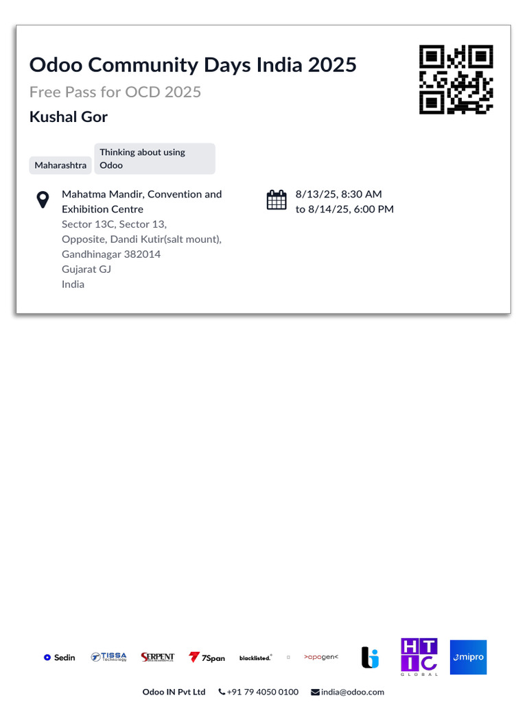 Tickets - Odoo Community Days India 2025 (13!08!2025 08-30-00) - Kushal ...