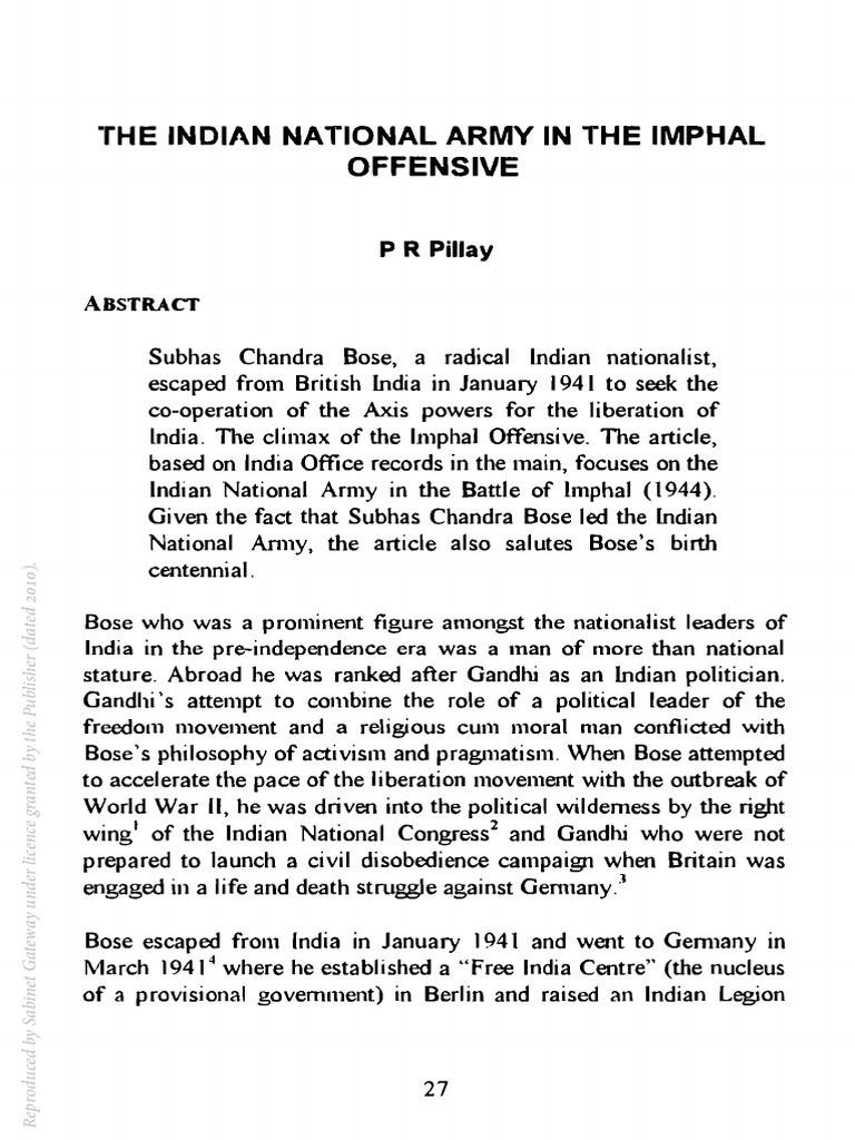 Pillay The Indian National Army in The Imphal Offensive | PDF | Empire ...