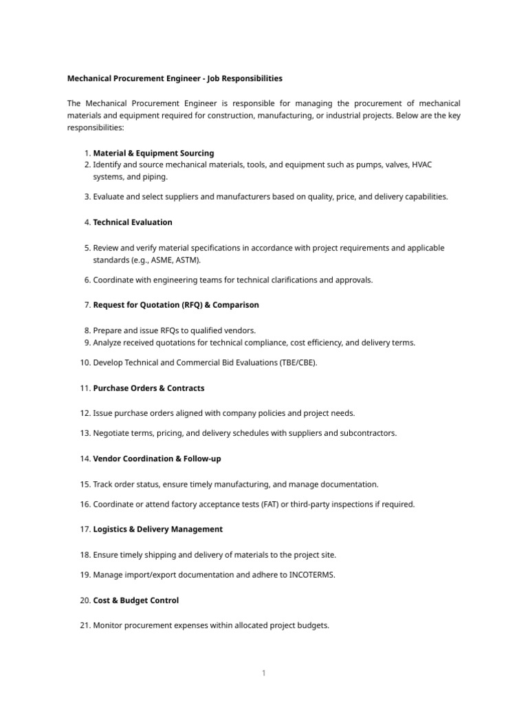 Mechanical Procurement Engineer Overview | PDF | Procurement | Business