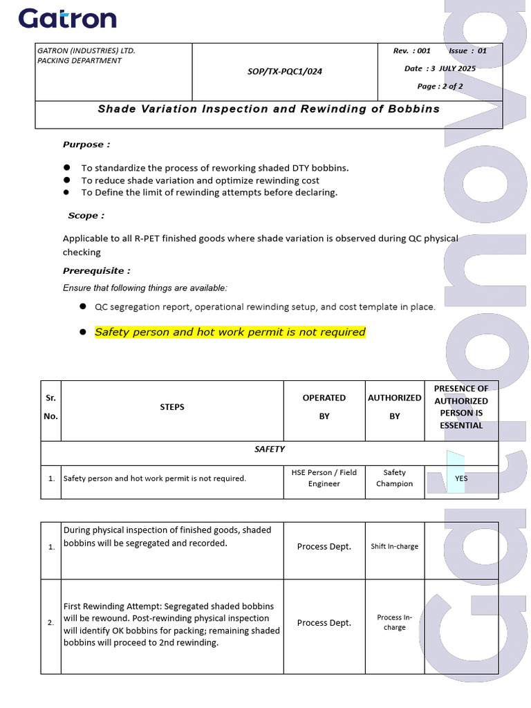 24-Shade Variation Inspection and Rewinding of Bobbins | PDF