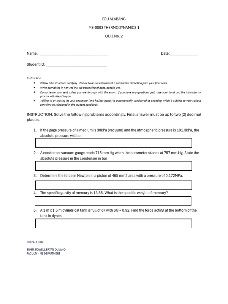 Thermo 1 Quiz 2 | PDF