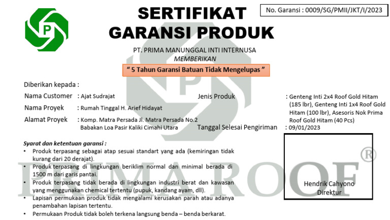 Sertifikat Garansi Produk Genteng | PDF